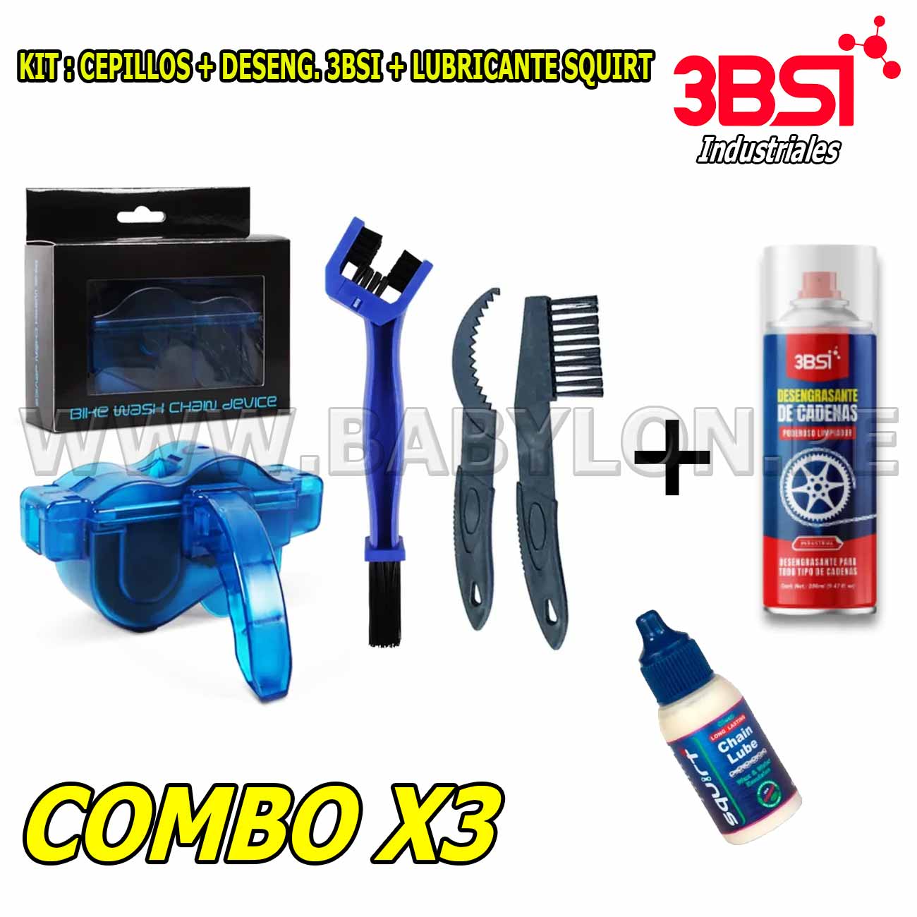 COMBO X3 DESENGRASANTE 3BSI + CEPILLOS + LUBRICANTE SQUIRT » Babylon Imports Bike Official